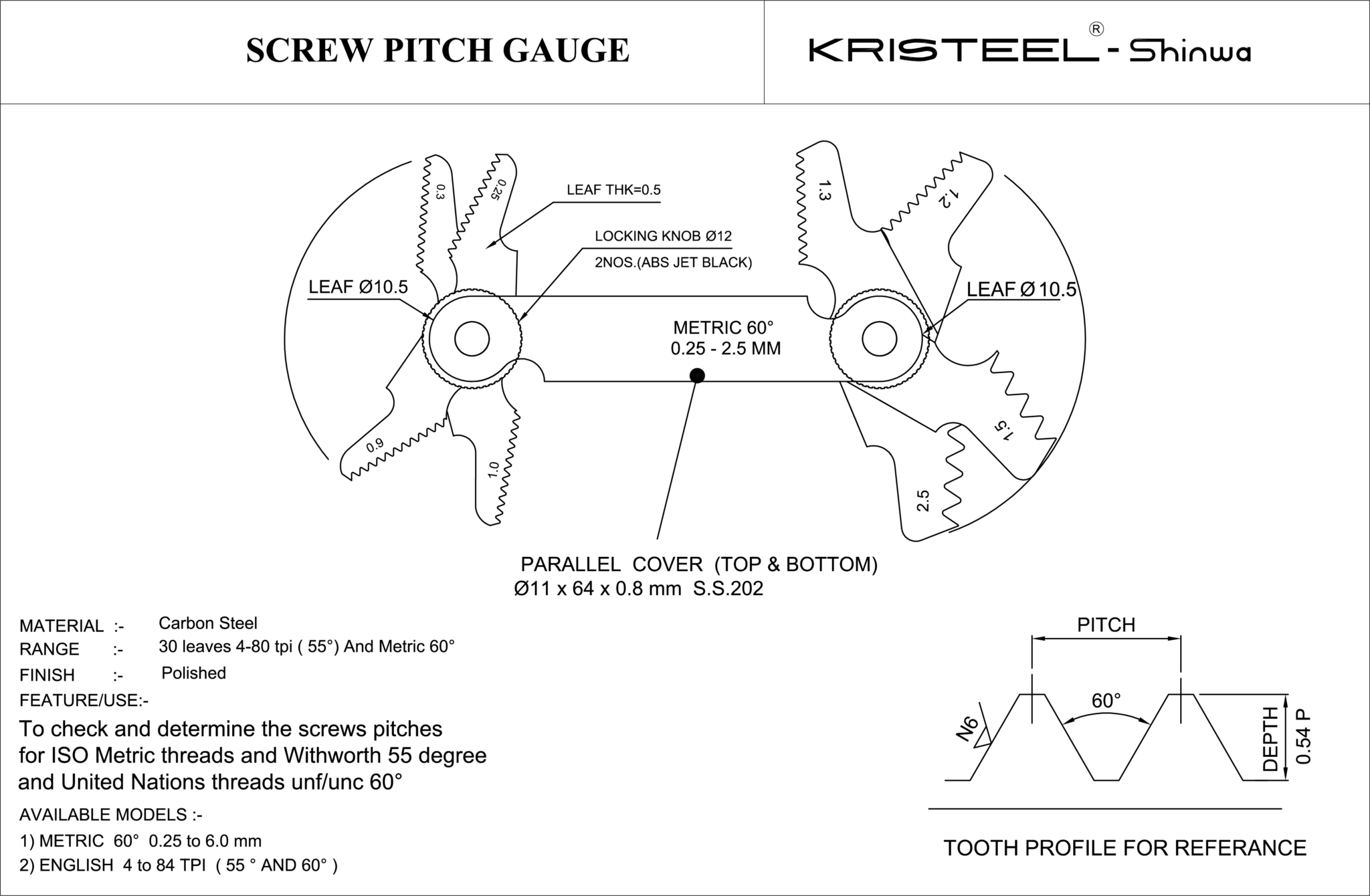 Screw Pitch Gauge 52 Leaves Model SPG Kristeel screw-pitch-gauge-52-leaves-model-spg-kristeel
